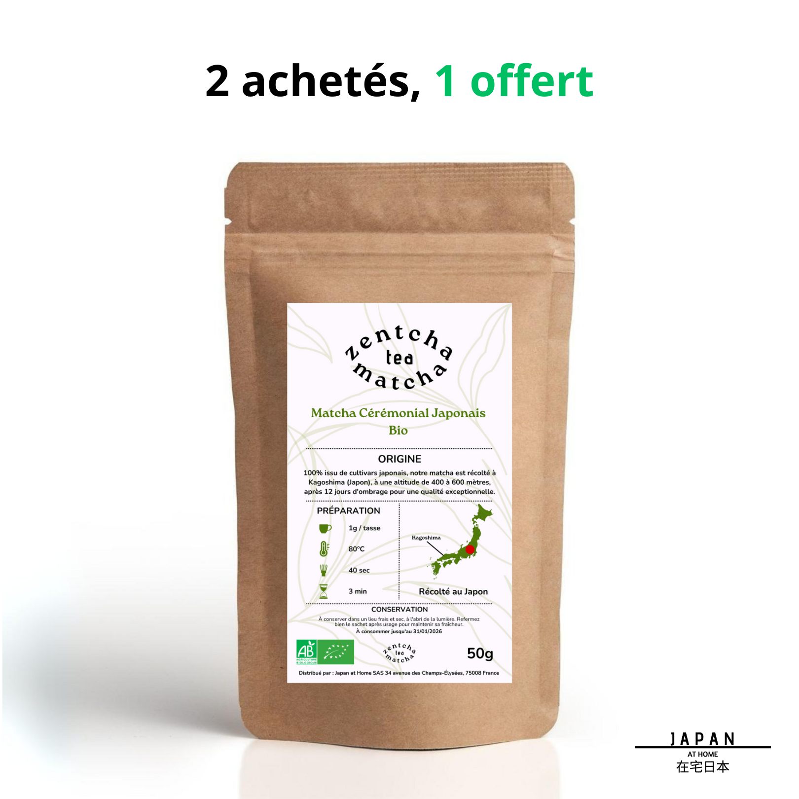 3 Sachets Matcha Cérémonie japonais bio 50g - récolté et moulu à Kagos